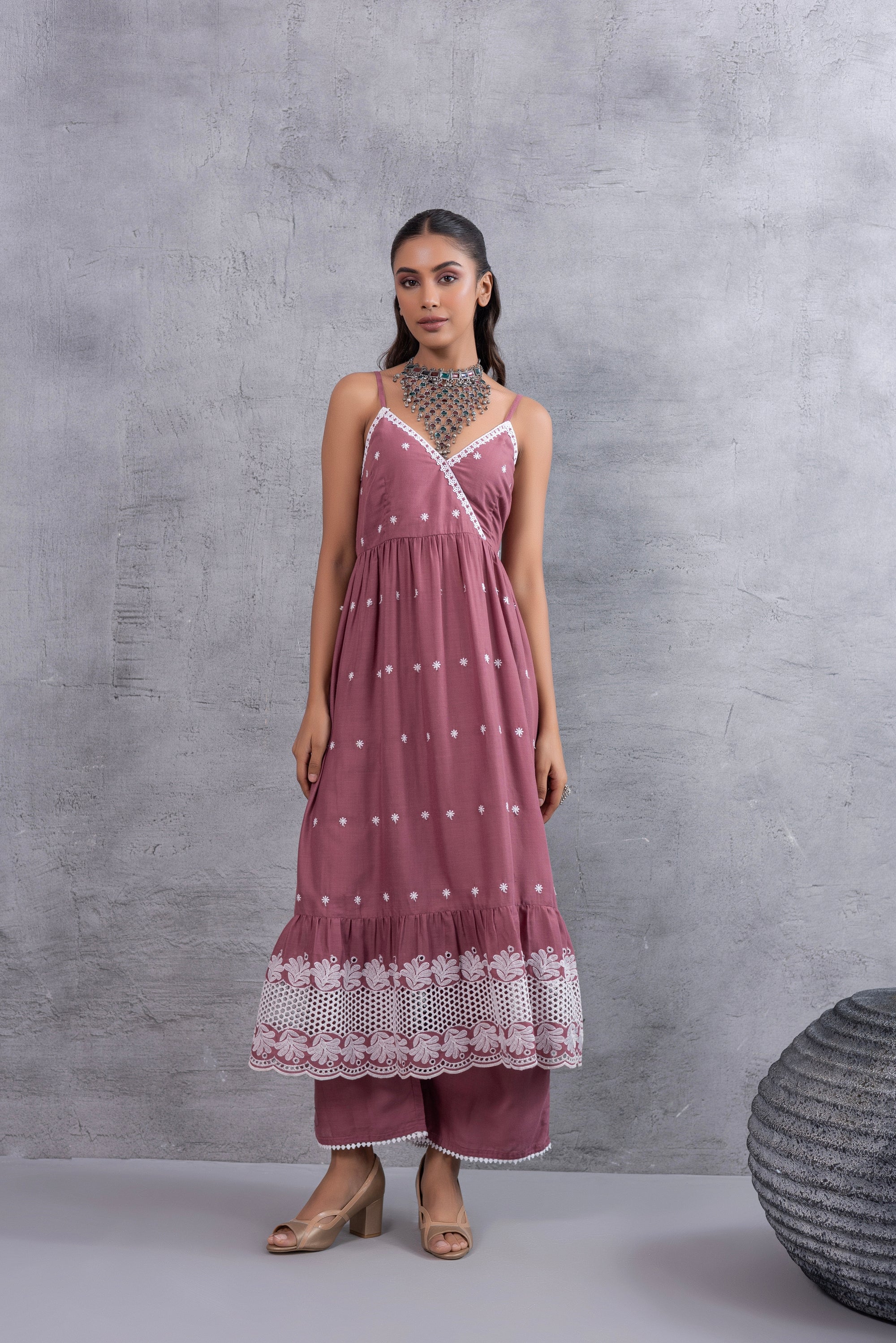 Dark Pastel Pink Halter Tiered Kurta Set – Sewandyou